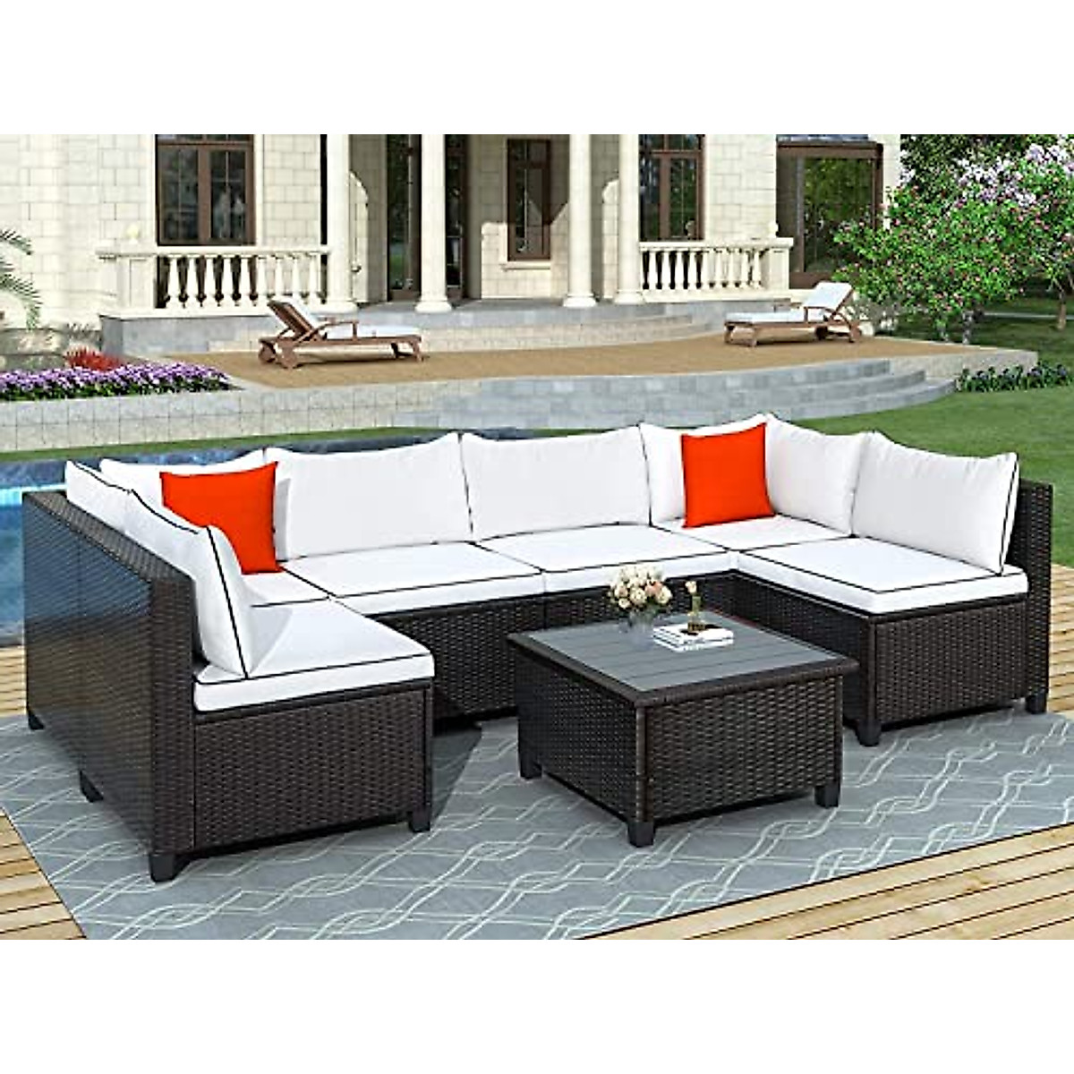 GAOPAN 7 Piece Garden Outdoor Modular Wicker Furniture Set, Sectional Rattan Sofa Patio Lounge & Deep Seating Conversation Furnishings with Cushions,Accent Pillows & Coffee Table, White+Black