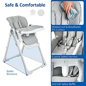 GAOMON Baby High Chair, Multifunctional Infant Highhairs with Adjustable Height and Recline, Foldable High Chair for Babies & Toddlers, High Chair with Removable Tray Easy Clean (Grey)