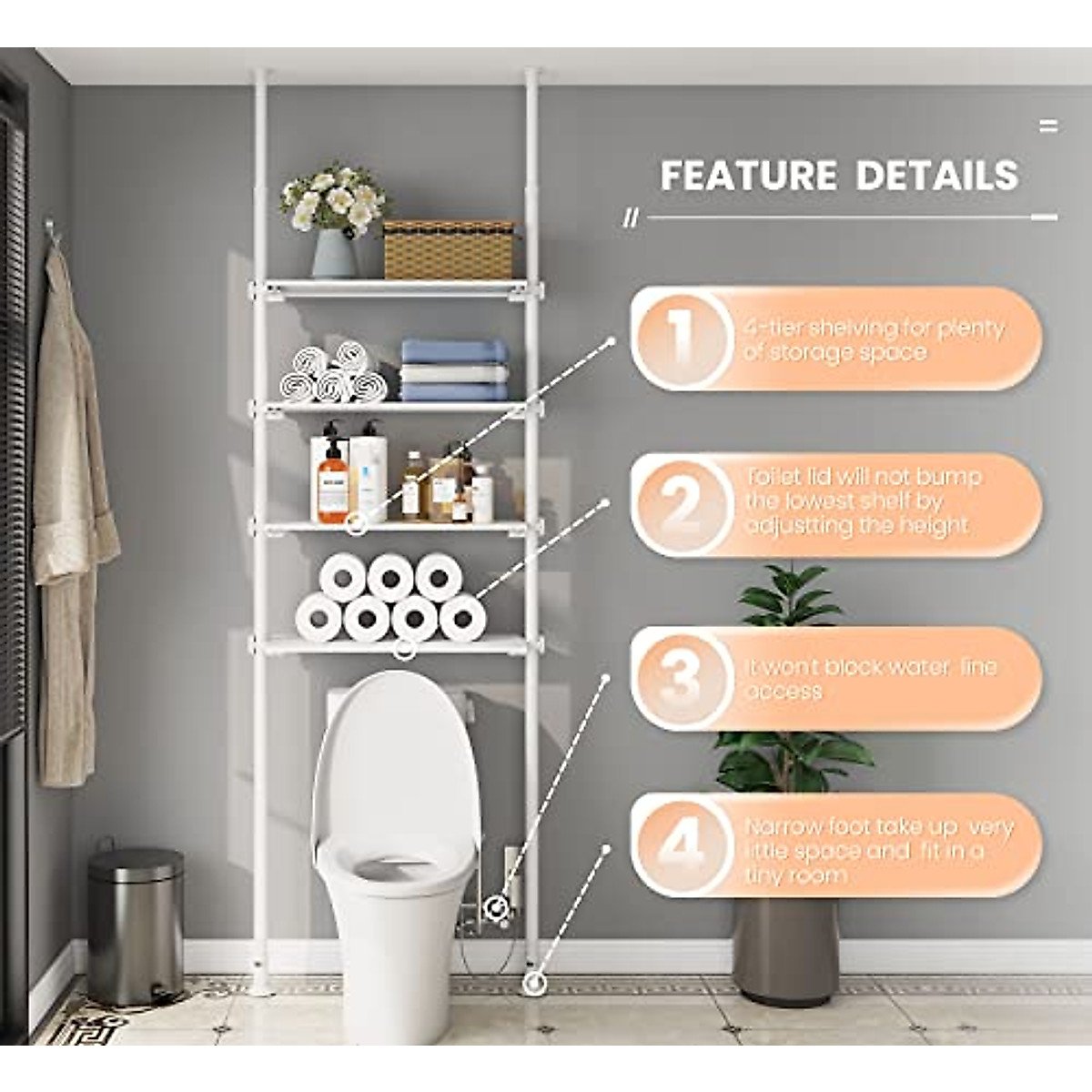 ALLZONE Over The Toilet Storage Cabinet, 4-Tier Over Toilet Bathroom Organizer, Adjustable Bathroom Shelves Over Toilet, Fit Most Showers on Above Toilet Storage, 93 to 116 Inch, Metal Shelves,White