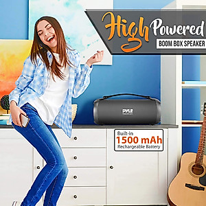 PyleUsa Wireless Portable Bluetooth Boombox Speaker - 17 Watt Rechargeable Boom Box Speaker Portable Music Barrel Loud Stereo System with AUX Input,MP3/USB/SD Port,Fm Radio,3" Tweeter PBMSPG2BK,Black