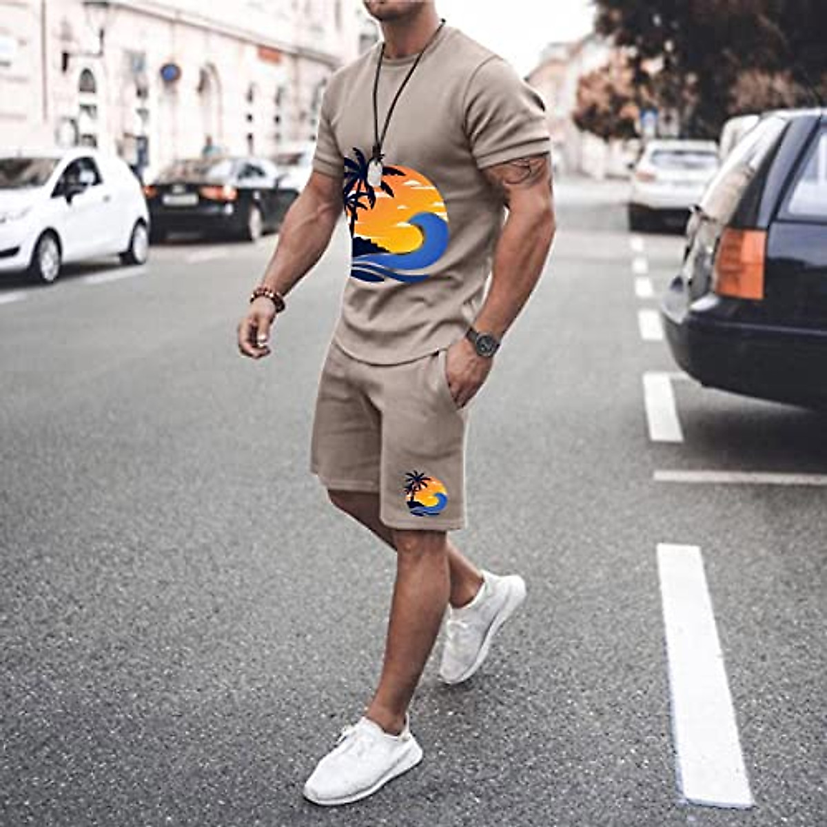 Going Out Outfits Teacher Outfits Men's 2 Piece Outfits Lightweight Classic-Fit Short Sleeve Graphic Tees Printed Shorts Breathable Sport Set Outfits Summer Outfits Black Rave