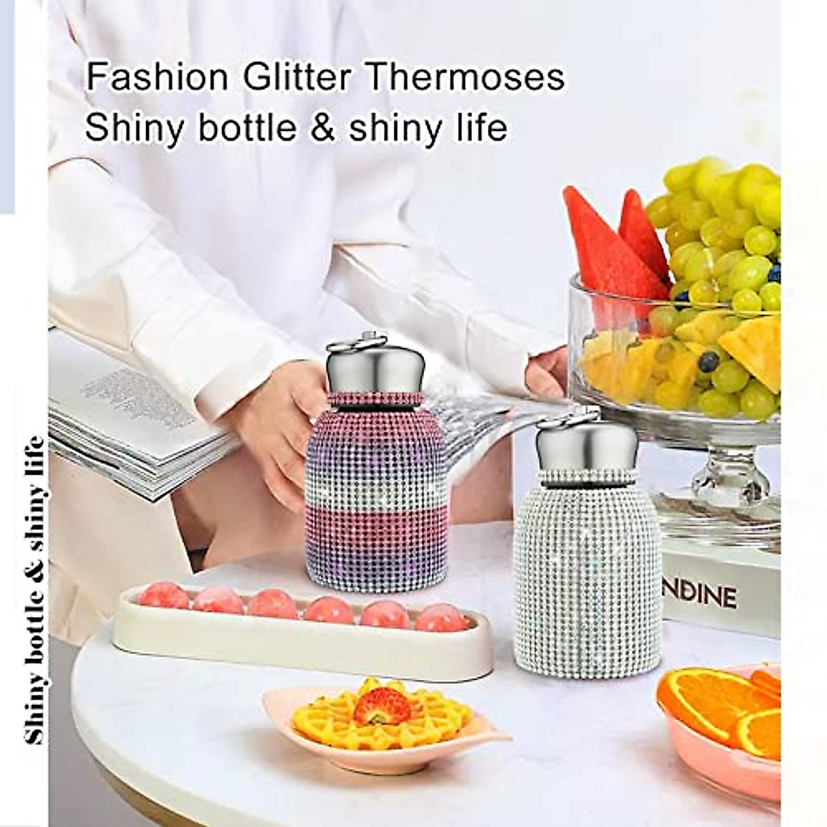 Tmore Glitter Rhinestone Water Bottle Bling Diamond Stainless Steel Thermal Bottles 9.47oz/280ml Sparkling Refillable Insulated Vacuum Thermoses with Chain (Silver)