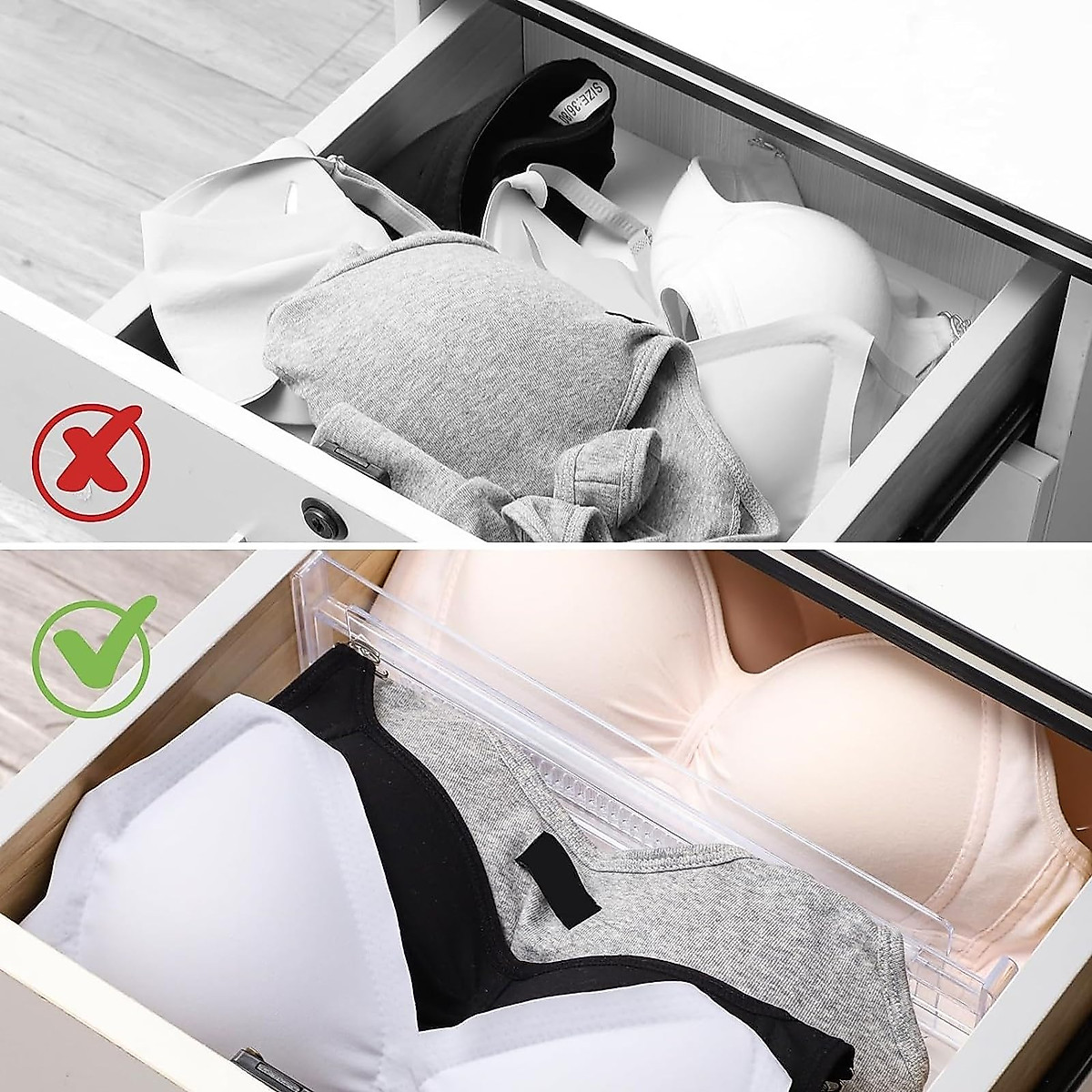 WJWSKI Drawer Dividers Organizers 4 Set, 11-20" Adjustable Dresser Drawers Dividers, 3.2" High Drawer Separators for Clothing Storage, Plastic Expandable Drawer Divider for Kitchen Utensils (Clear)