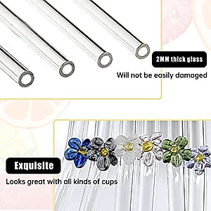 KIGOTWIN Reusable Glass Straw with Flower ,Colorful Shatter Resistant Bend Straws Cocktails Bar Accessories with Cleaning Brush (8), Blue,Green,White,Grey,Pink,Purple