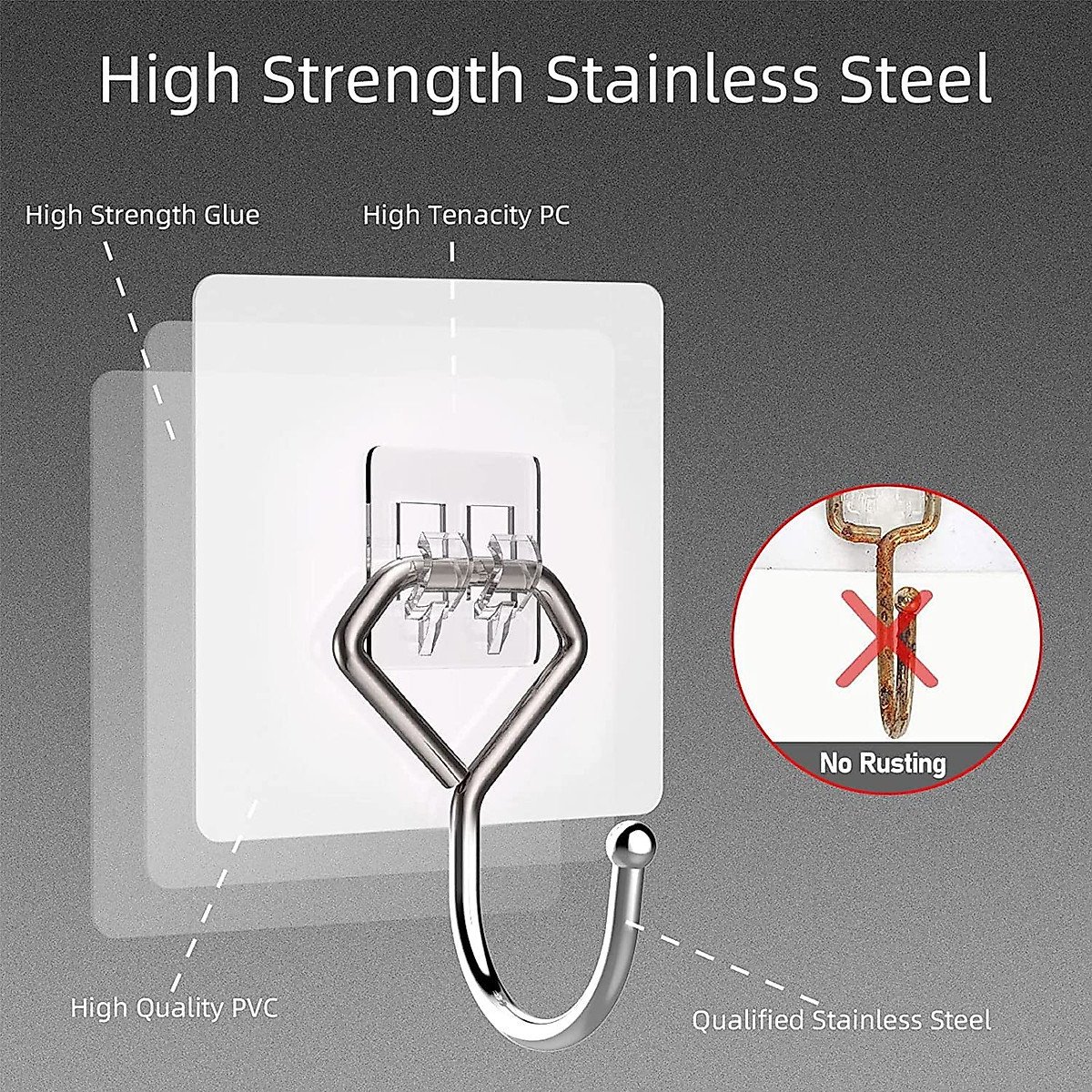 Homstan Large Adhesive Hooks 44Ib(Max), Wall Hooks Self-Adhesive Traceless Clear and Removable, Waterproof and Rustproof Hooks for Hanging for Home Bathroom Kitchen Office and Outdoor, 10-Pack