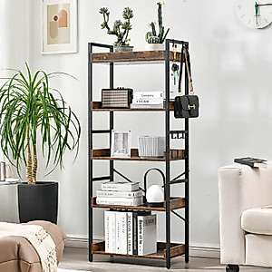 HCHQHS Bookshelf Adjustable 5 Tier Open Bookcase,Rustic Farmhouse Book Shelves, Industrial Wood and Black Metal Bookshelves,Mid Century Bookcase for Home Office Living Room Bedroom (Rustic, 5 Tier)