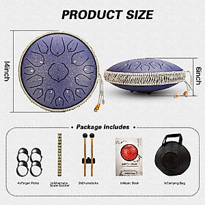 Steel Tongue Drum, 15 Notes 14 inch D-Key Handpan Percussion Instrument - Tank Chakra Drums with Padded Travel Bag, 2 Mallets, for Meditation, Decompression, Music and Gift (Blue)