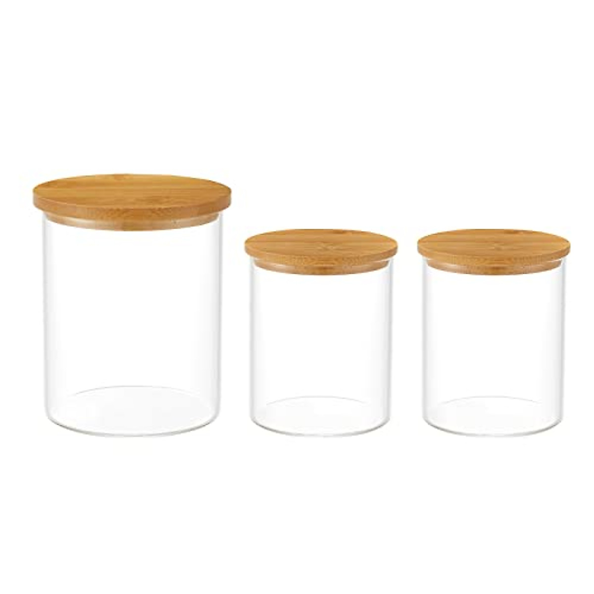 INIUNIK 3 Pack Glass Qtip Holder Dispenser, 20 oz and 11 oz Clear Glass Apothecary Jars, Bathroom Vanity Canisters Organizer Jars for Cotton Swabs, Balls, Rounds, Pads, Floss, Bath Salts