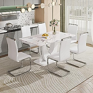 63" Marble Dining Table, Luxurious Dining Room Table with 1.57" Faux Marble Top and U-Shape MDF Pedestal Base, Modern Rectangular Kitchen Dining Table for Living Room Dining Room