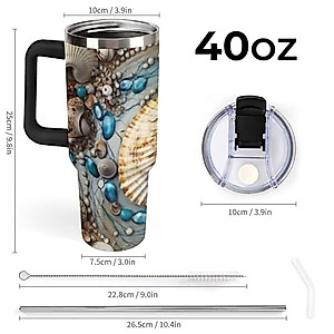 LPSADGF Ocean Shell Art Insulated Stainless Steel Travel Mug, 40 Oz Tumbler with Handle And Straw Double-Wall Vacuum Coffee Cup, Leak-Proof Lid, Keeps Drinks Hot/Cold for Hours