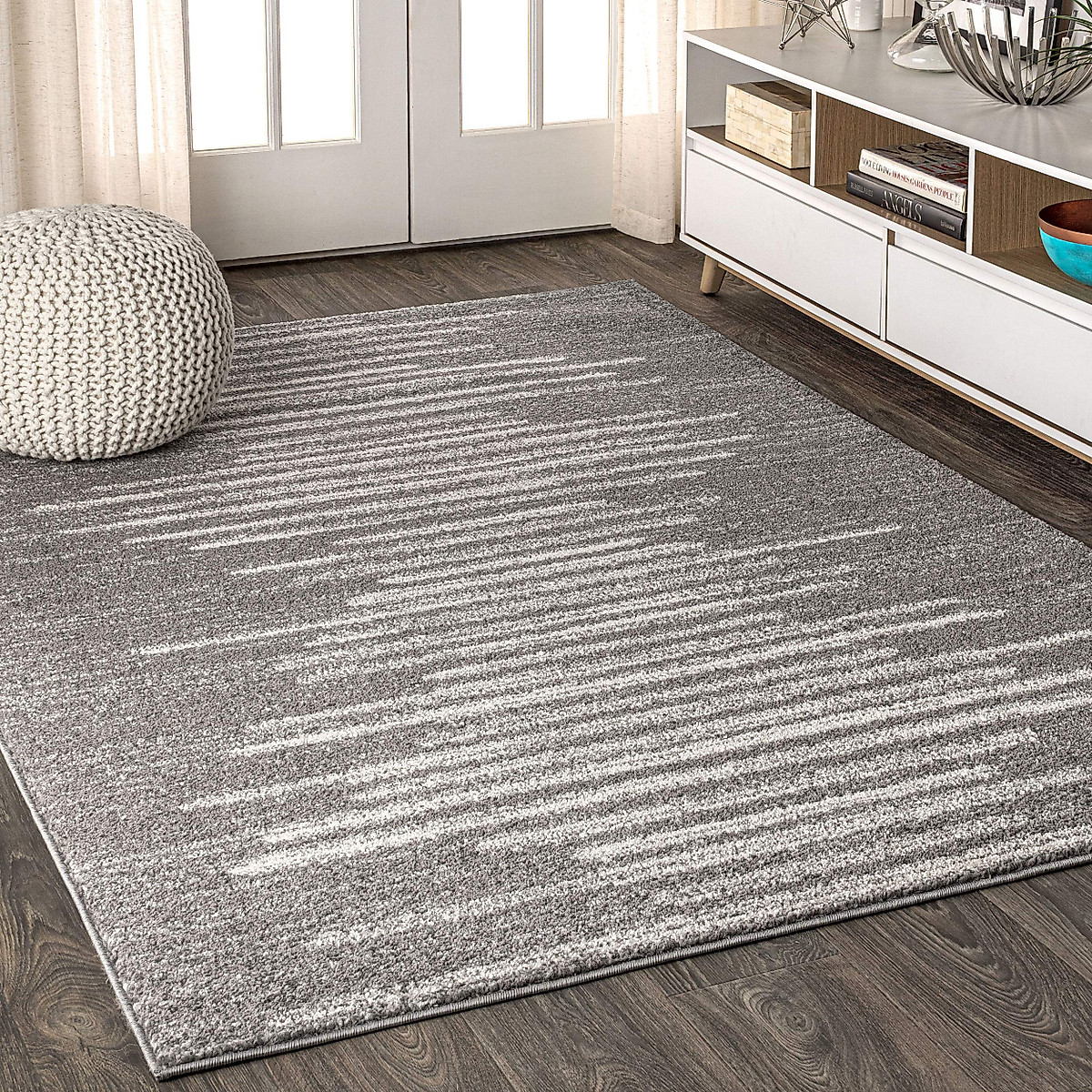 JONATHAN Y MOH205B-8 Aya Berber Stripe Geometric Indoor Farmhouse Area-Rug Bohemian Minimalistic Striped Easy-Cleaning Bedroom Kitchen Living Room Non Shedding, 8 X 10, Gray,Cream