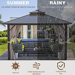 EROMMY 12'x12' Gazebo Polycarbonate Double Roof Pavilion Gazebo Outdoor Aluminum Frame Canopy with Netting and Curtains for Garden Patio Lawns Parties