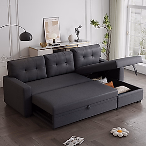 Jintop 82" L-Shape Convertible Sleeper Sectional Sofa with Storage Chaise and Pull-Out Bed,Upholstered Reversible Corner 3 Seater Couch with Button Tufted Backrest & Armrest,for Living Room,Dark Gray