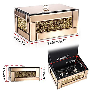 Hipiwe Glass Mirrored Jewelry Box with Crushed Diamond Decor Jewelry Trinket Organizer Box Keepsake Box Treasure Chest Case for Rings Earrings Necklace Storage Box (Large, Gold)
