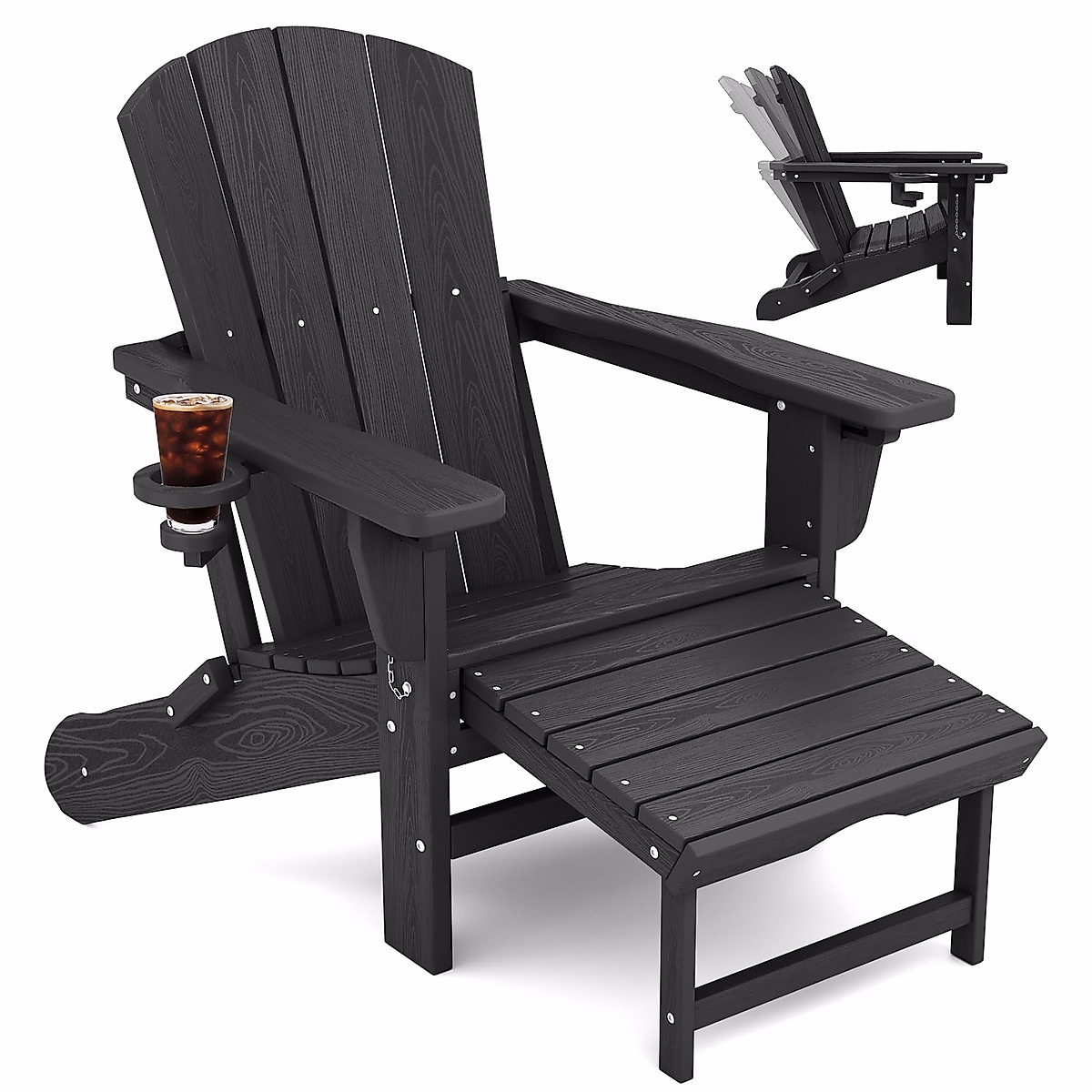 KINGYES Chair with Cup Holder, Wood-Like Reclining Versatile Adirondack Chair, Black
