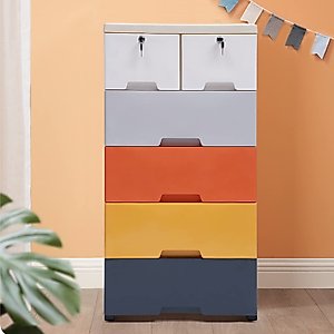 Hteedy 6 Drawers Plastic Drawers Dresser, Lockable Colorful Cabinet Free Standing Clothes Storage Organizer, Plastic Storage Cabinet with Casters for Home/Office and School