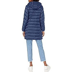 Tommy Hilfiger Women's Mid-Length Puffer Hooded Down Jacket with Drawstring Packing Bag, Navy, Medium