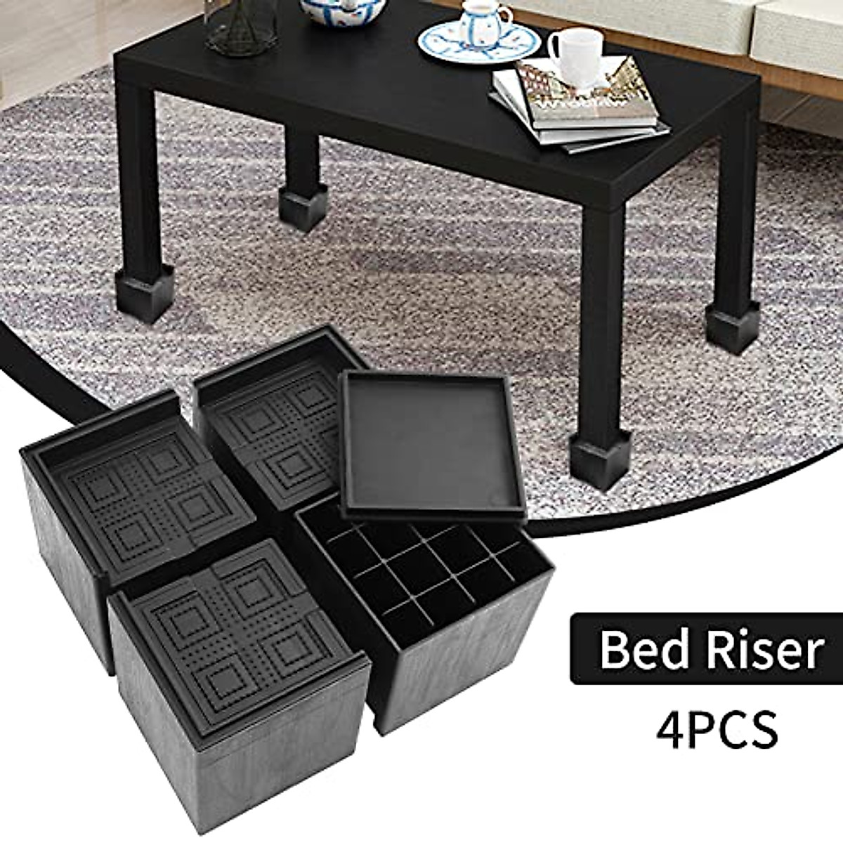 SELOTOKITER 4pcs Bed Risers,Heavy Duty Square Bedding Adjustable Bed Furniture Risers,L-Shaped Furniture Legs,Suitable for Beds,Sofas,Tables,Cabinets,Washing Machines,Refrigerators(Black)