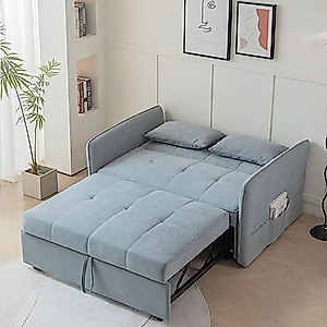COULDWILL Convertible Sleeper Sofa Bed 3 in 1 Loveseat Couch Linen Small Sofa with Pull-Out Bed, Adjustable Backrest and Side Pockets for Living Room, Bedroom, Studio(Grey)