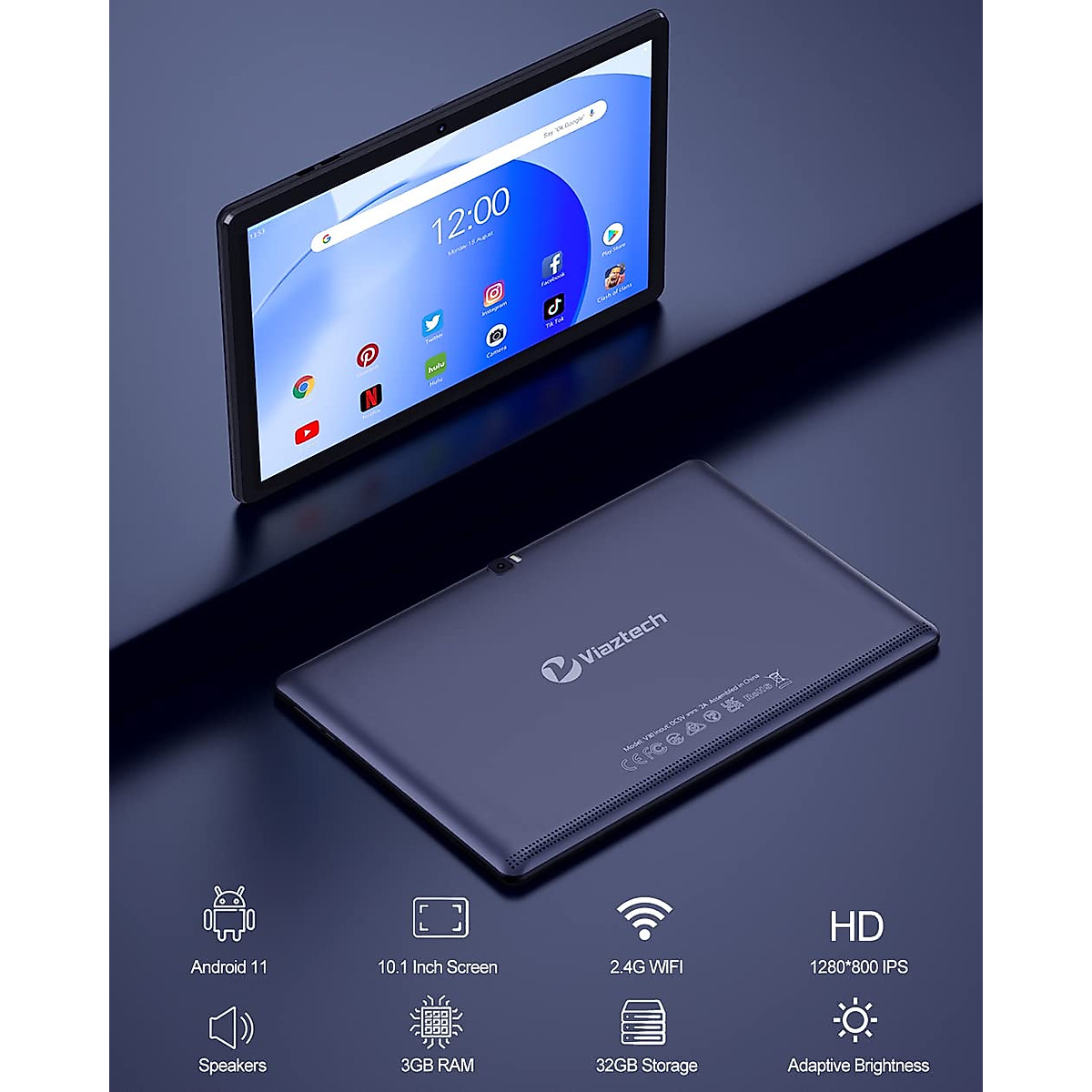 VIAZTECH Android Tablet 10 inch,Android 11 Tablet PC 3GB 32 GB,1.8GHz Processor,Double Camera 8.0 MP,GMS Certified Tablet,Dual Speakers,HD Touch Screen,6000mAh Battery,WiFi,Bluetooth,Type-C