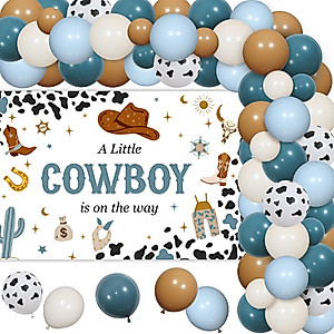 Cowboy Baby Shower Decorations for Boy, Western Rodeo Theme Retro Blue Balloon Garland Arch Kit, A Little Cowboy Is On the Way Backdrop Pregnancy Celebration Party Supplies