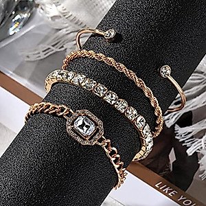 IFKM Gold Bracelet For Women Girls Dainty 14k Gold Plated Bangle Bracelets Set Adjustable Tennis CZ Twisted Chain Link Bangle Bracelet Layered Charm Jewelry Gift For Anniversary (Gold)