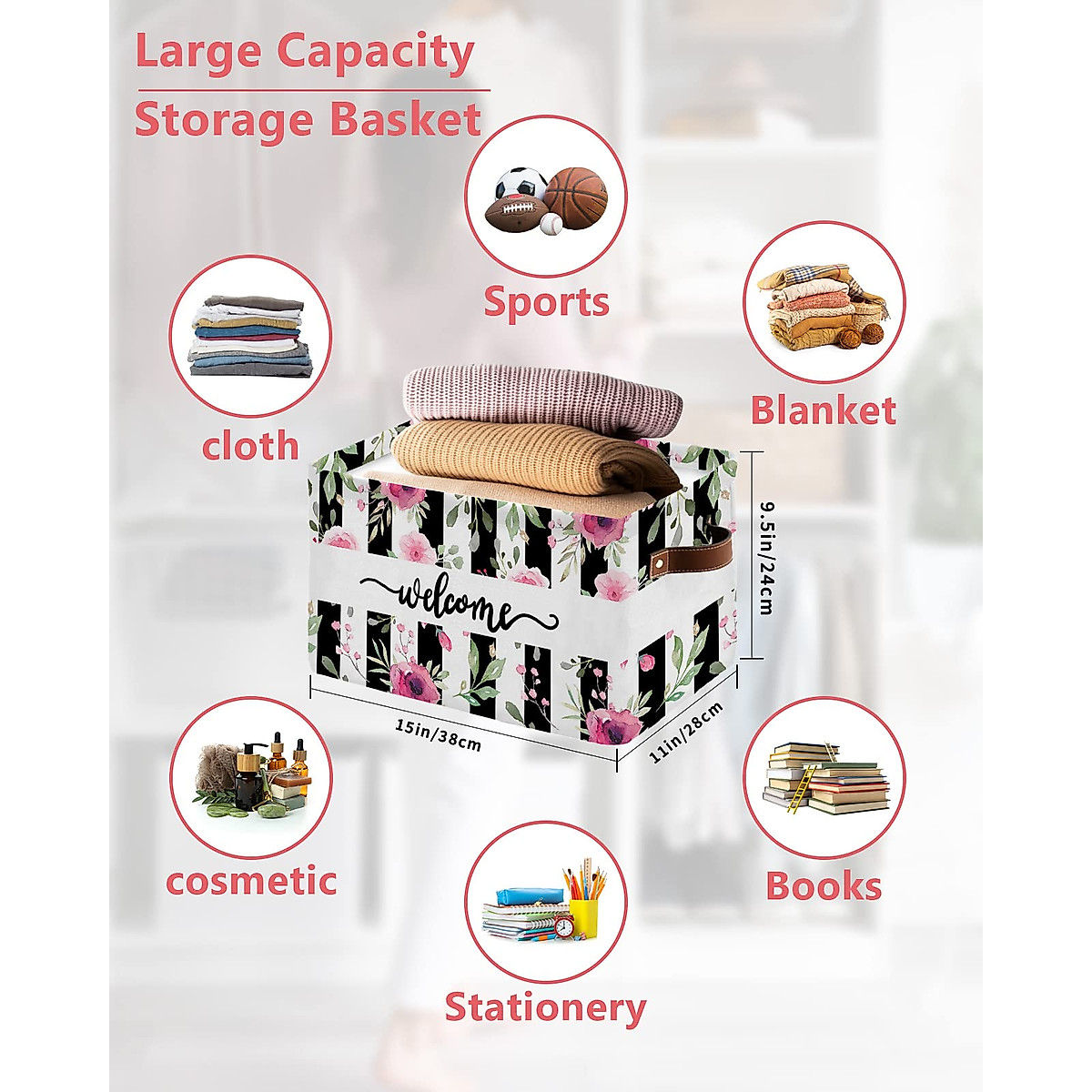 Storage Basket Pink Flowers Floral Leaves Large Foldable Storage Bins with Handles Black and White Stripe Waterproof Fabric Laundry Baskets for Organizing Shelves Closet Toy Gifts Bedroom Home Decor