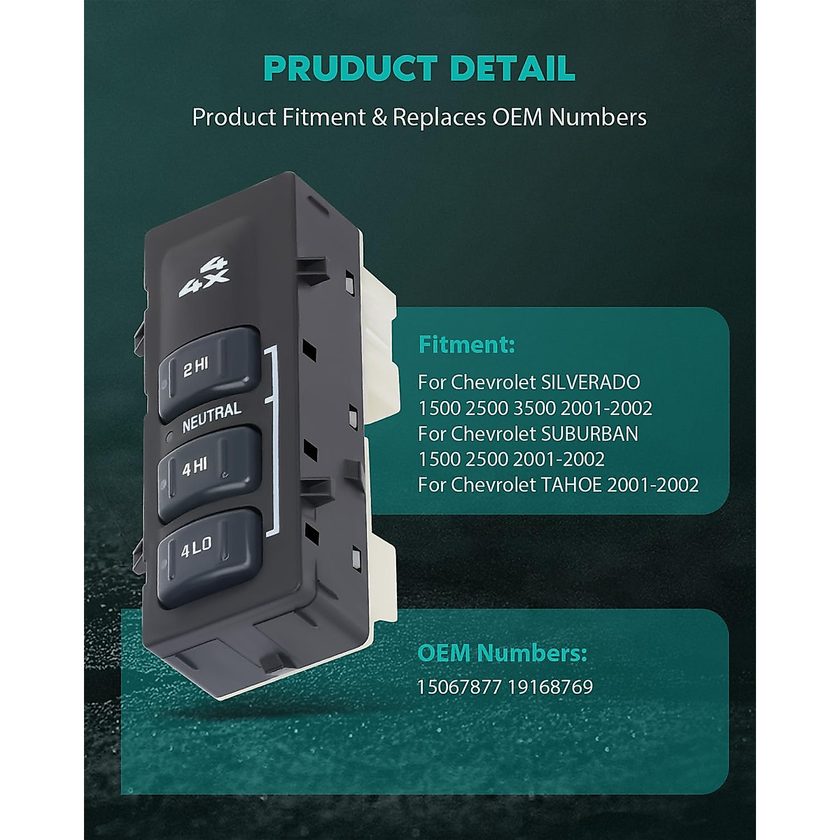 15067877, 19168769 4WD Selector Switch, 4x4 Wheel Drive 3 Button Transfer Case Switch fitS for Chevrolet Silverado 1500/2500 /3500 2001-2002/For for GMC K1500/K2500 Suburban 1998-1999/ for GMC SIER