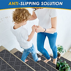 RIOLAND Stair Treads Carpet Non-Slip Indoor 15 PCS Wood Stair Treads Rugs Anti Moving Modern Stair Runners Safety for Kids Dogs, 8" X 30", Diamond Gray