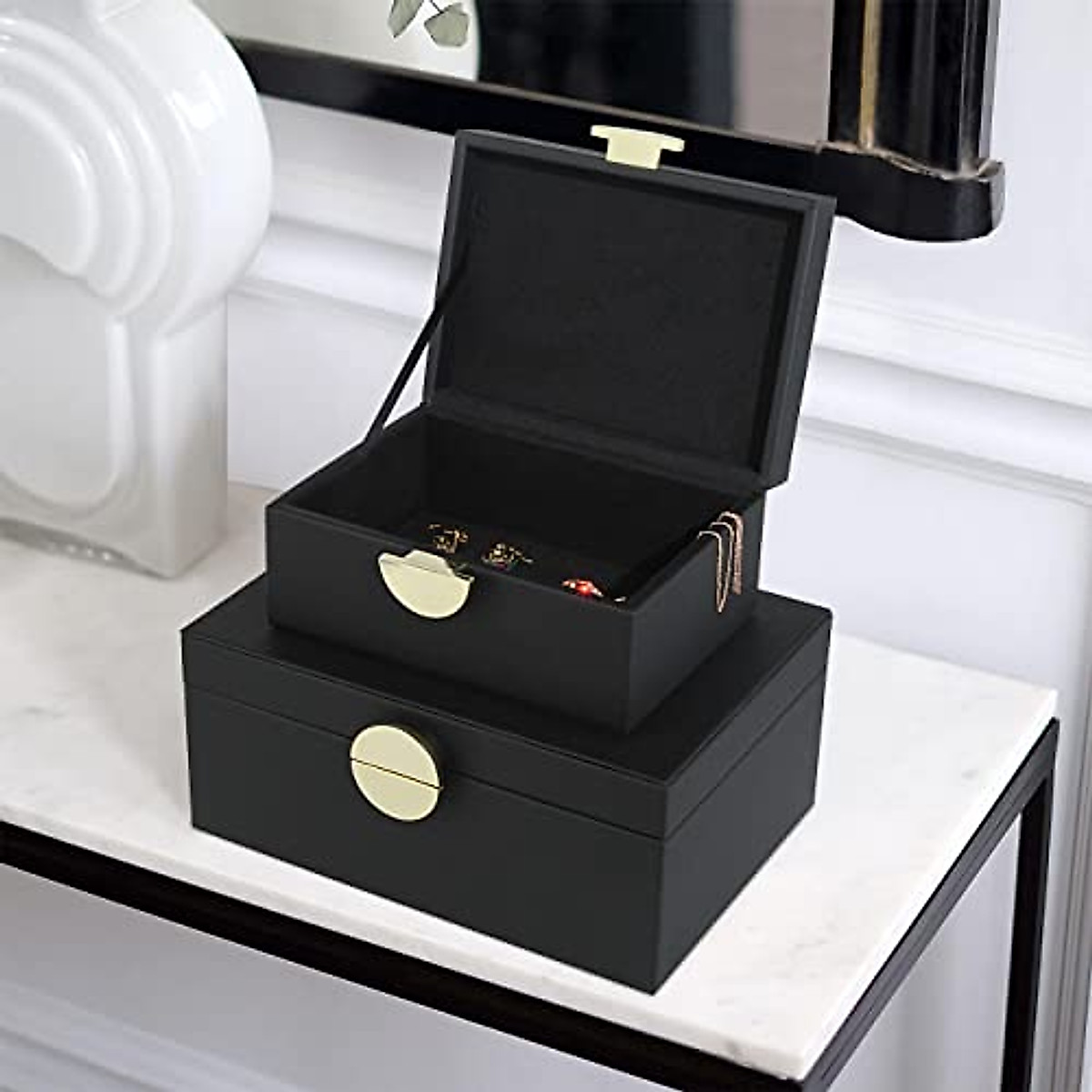HofferRuffer Faux Leather Jewelry Boxes, Decorative Boxes Storage Accessory Organizer with Gold Hardware Decor, Classic Vegan Leather Set of 2 Pieces (Black)