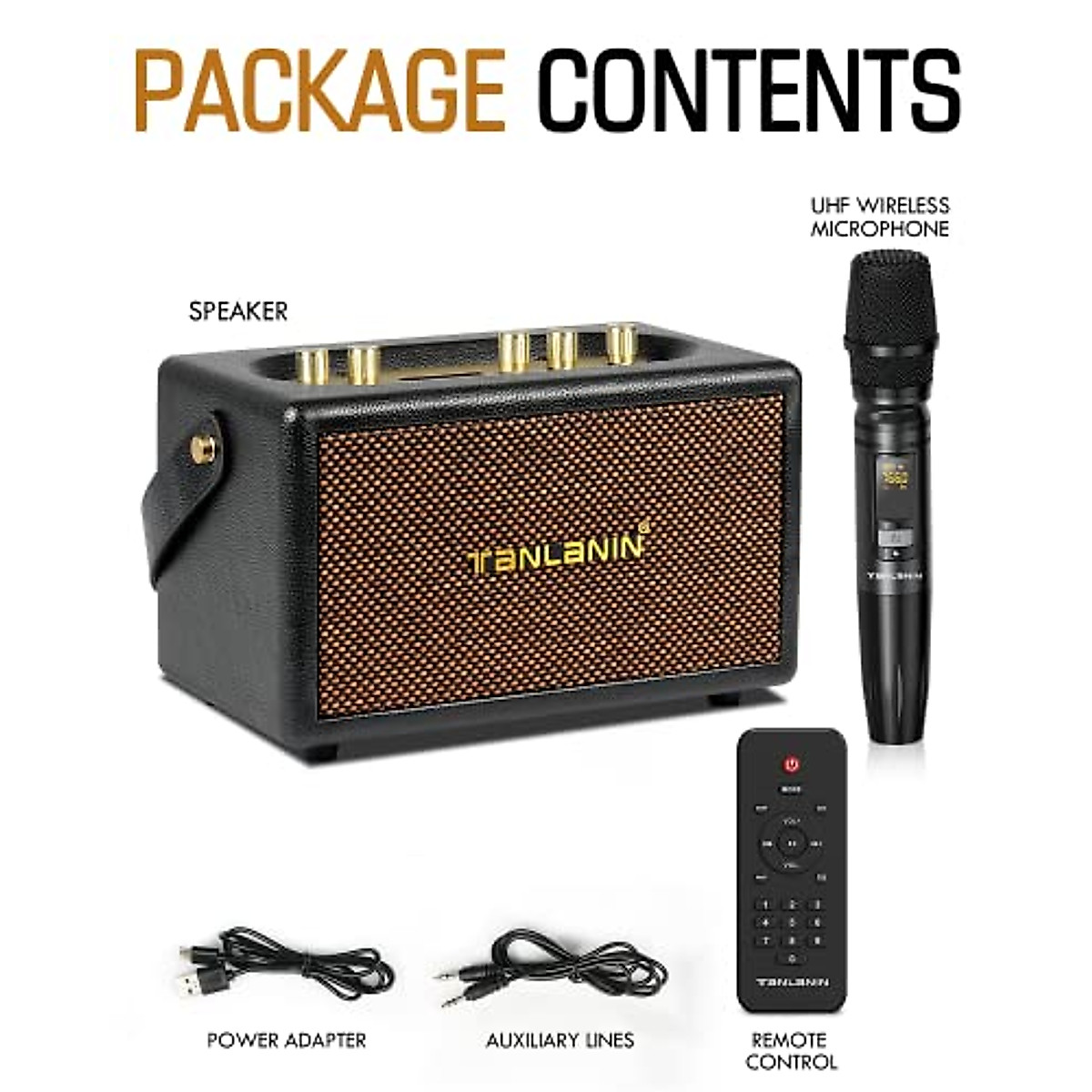 TANLANIN Vintage Bluetooth Speakers Rechargeable Portable Wireless Retro Style Leather Speakers 8H Long Playtime Bluetooth 5.0 Heavy Bass Music Player, TWS/USB/TF Slot/Remote Control/UHF Wireless Mic