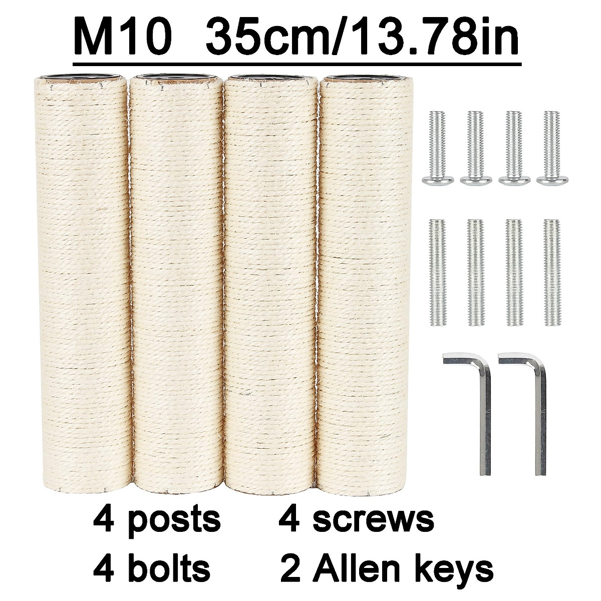 NEUMIHARO 4 Pcs 3.1in 7.9cm Diameter Cat Scratching Post Replacement Sisal Pole with Screws and Bolts and Wrench for Cat Tree Condo (35cm/13.78in, M10)