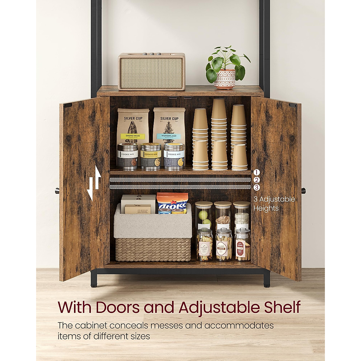 VASAGLE 6-Tier Bookshelf, Tall Bookcase with Door, Steel Frame, Adjustable Shelves, 9.4 x 23.6 x 62.8 Inches, Living Room Bedroom, Rustic Brown and Ink Black ULLS133K01