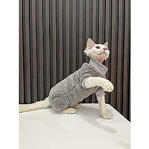 WQCXYHW Sphynx Hairless Cat Clothes Winter Soft Faux Fur Four Leg Jumpsuit Outfit High Collar Pullover Comfortable Pajamas Cat Apparel Pet Clothes (XXL(11-15lbs), Gray)
