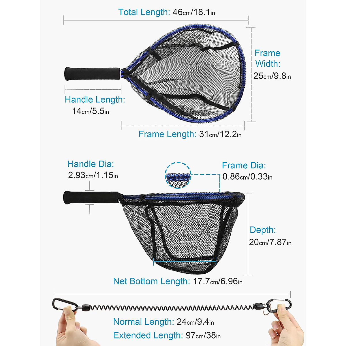 Facikono Fly Fishing Net Trout Net Kayak Fishing Net Freshwater Trout Fishing Landing Net Rubber Mesh for Catch and Release