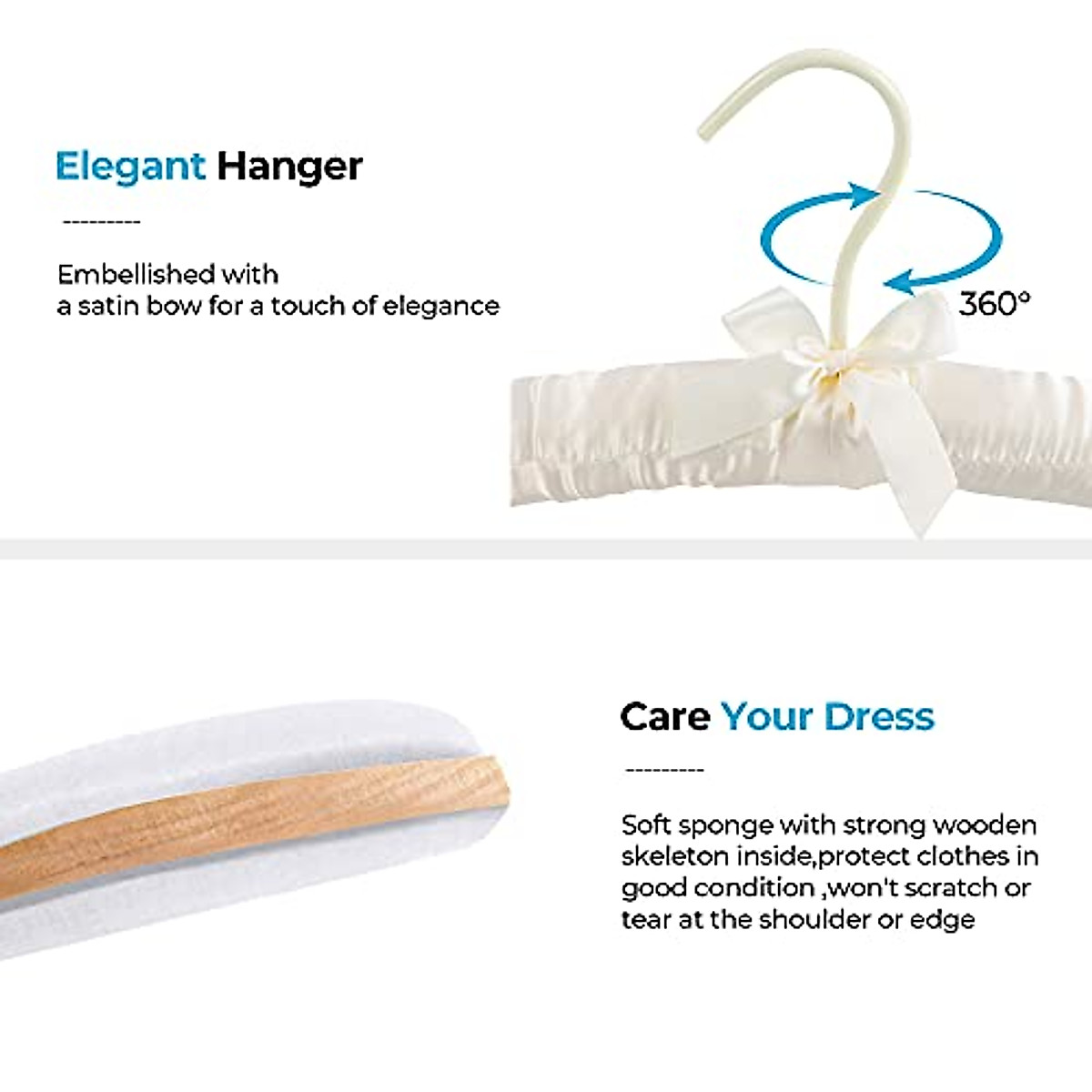 JS HANGER Padded Hanger for Sweaters - 17 Inch Extra Large Heavy Duty Satin Covered Coat Hangers No Shoulder Bump for Women Clothes, Sweaters, Dresses, Clothing, Weddings, Lingerie Pack of 10, Ivory