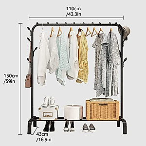 Iron Clothing Rack with Good Load-bearing, Garment Rack with Bottom Shelves, Sturdy Coat Rack for Hanging and Drying Clothes, Shirts and Blanket, 59.06" x 43.31" x 16.93" (Black)