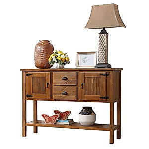 YWUFUART 48" Solid Wood Buffet Sideboard,Farmhouse Console Table with Bottom Shelf,Retro-Style Storage Cabinet for Entryway,Living Room,Dining Room,Kitchen,Brown