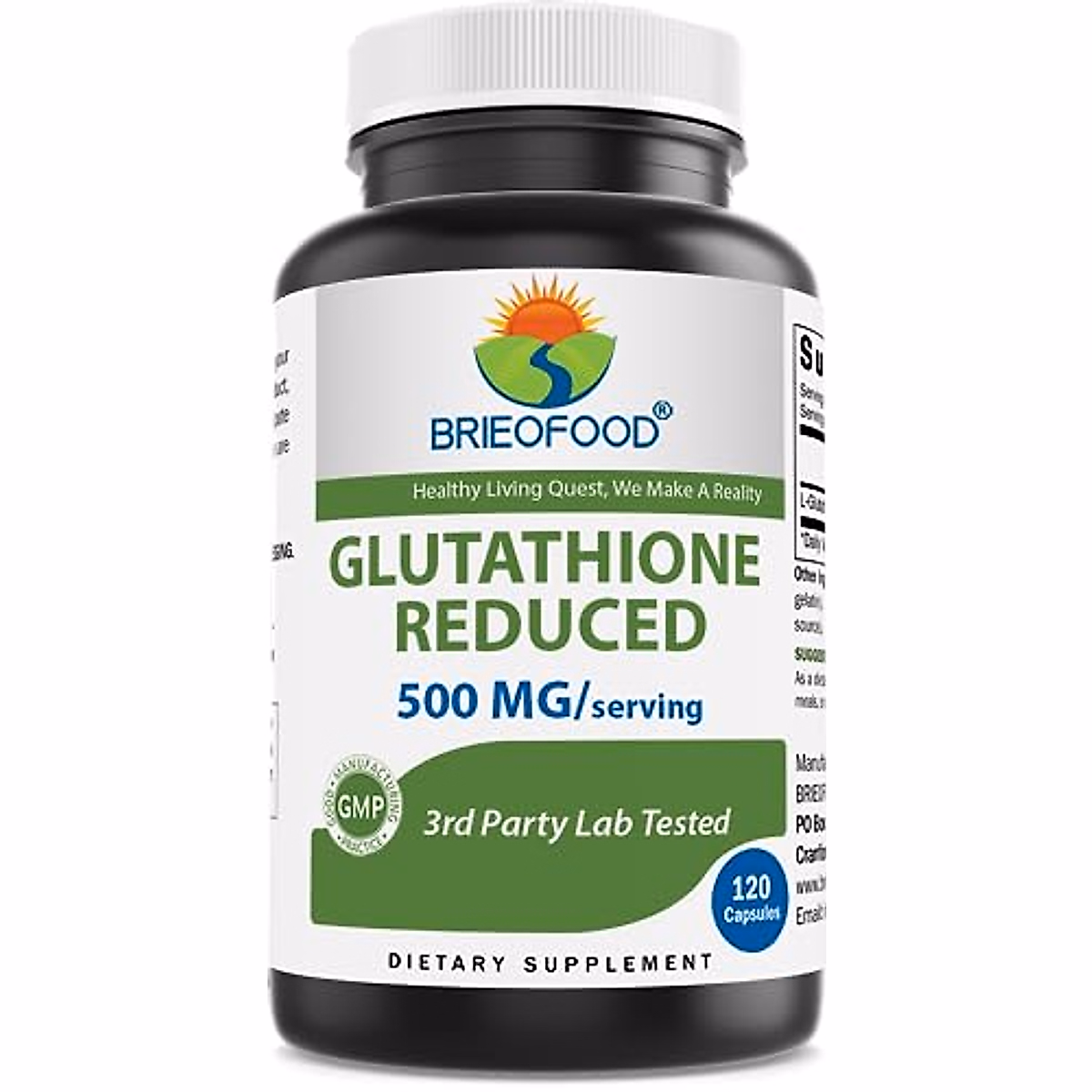 Brieofood Glutathione (Reduced) 500mg per Serving - 120 Capsules - Immune Support Supplement - Collagen & Antioxidant Support