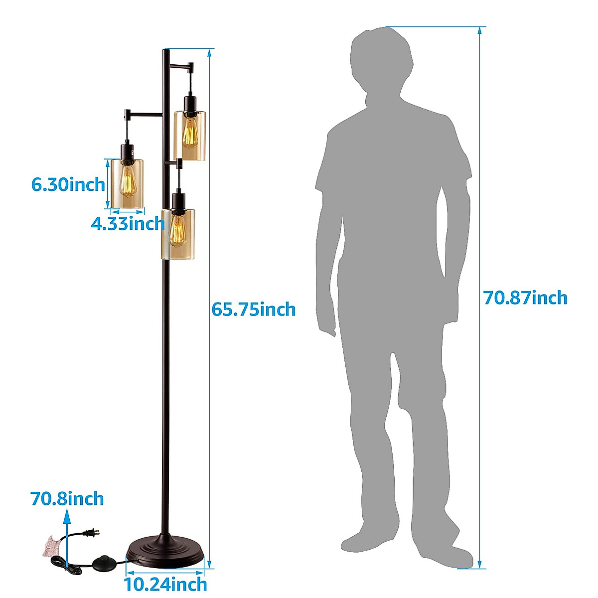 LEONLITE Farmhouse Floor Lamp for Living Room, Industrial Tree Standing Lamp with 3 Amber Glass Shades & Incandescent Bulbs, Rustic Vintage Tall Pole Light with Metal Base for Bedroom Office Study