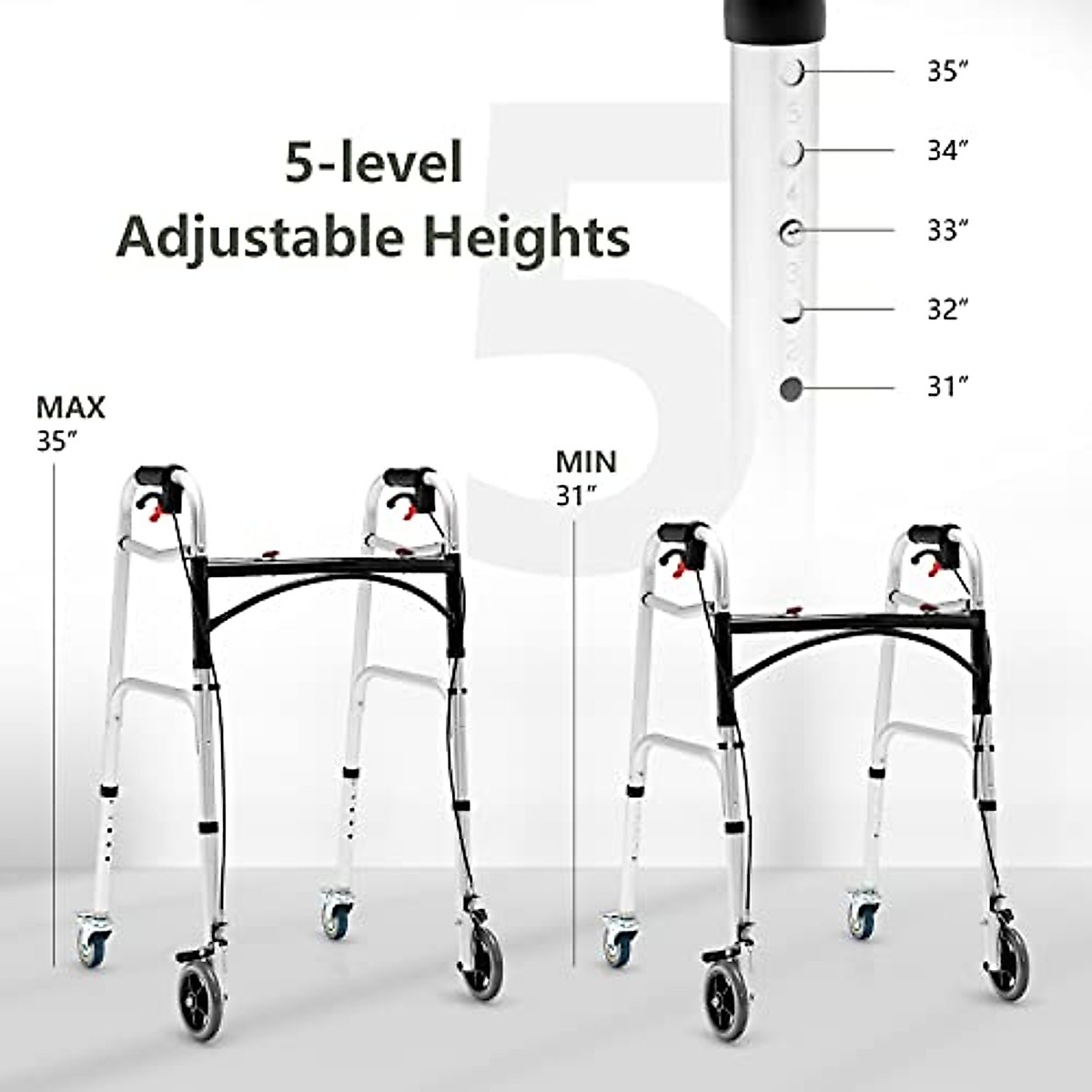 Goplus Walkers for Seniors, 4-in-1 Folding Walker with 5’’ Wheels, Detachable Seat, Height Adjustable Stand Up Walker, Medical Walking Mobility Aid, 350lbs Rolling Walker for Adult Bariatric Handicap