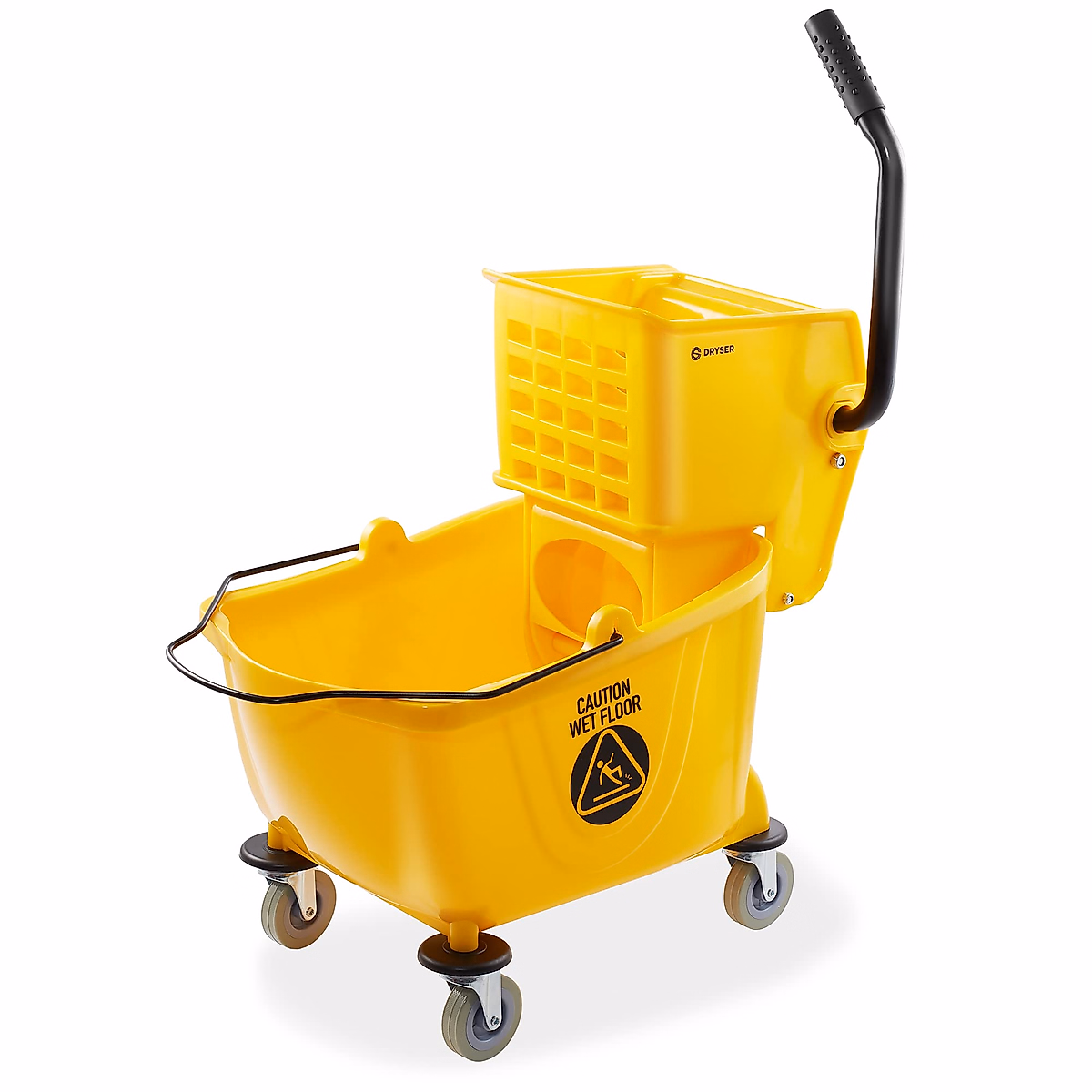 Dryser Commercial Janitorial Cleaning Cart on Wheels with Cover, Shelves and Vinyl Bag & Commercial Mop Bucket with Side Press Wringer, 26 Qt. Yellow