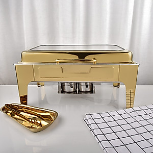 HONHPD 10L Gold Stainless Steel Buffet Stove, Heating Square Heat Preservation Stove Chafing Dish Hydraulic Glass Cover Buffet Stove, Suitable For Hotels, Restaurants, Parties