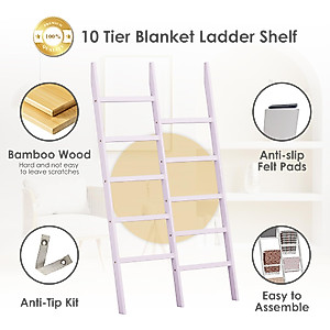 Daflymaco Blanket Ladder for Living Room - 10-Tier Bamboo Wood Blanket Ladder Quilt Ladder Rack Modern Decor Wall Leaning Ladder for Blankets Easy Assembly Blanket Holder for Home Bathroom White