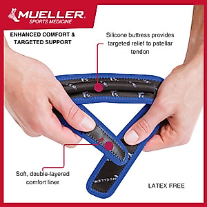 MUELLER Sports Medicine Jumper's Single Strap Knee Brace, For Men and Women, Support for Basketball, Volleyball, and Pain Relief, Blue, One Size Fits Most, Blue