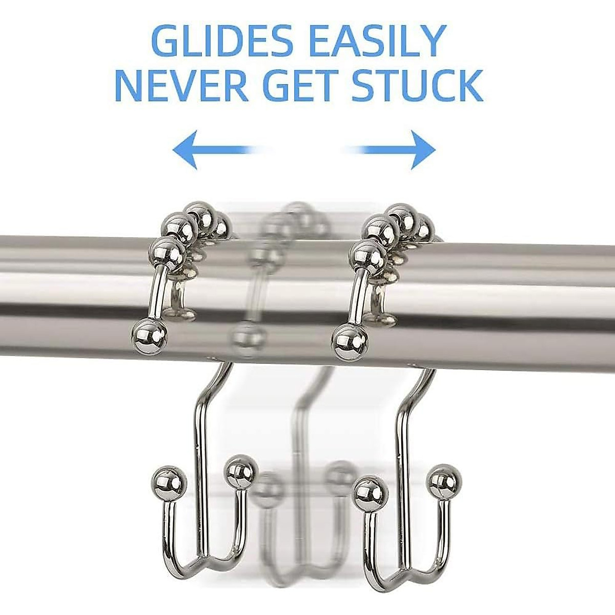 DAWNER Shower Curtain Hooks, Rust Proof Metal Easy Glide Double Rings, Stainless Steel Hangers for Bathroom Curtains, Set of 12, Brushed Nickel