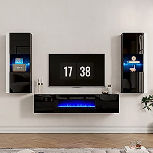 AMERLIFE Floating TV Stand with 36" Electric Fireplace, High Gloss Finish Wall Mounted Fireplace Entertainment Center with Storage for TVs Up to 78", Black