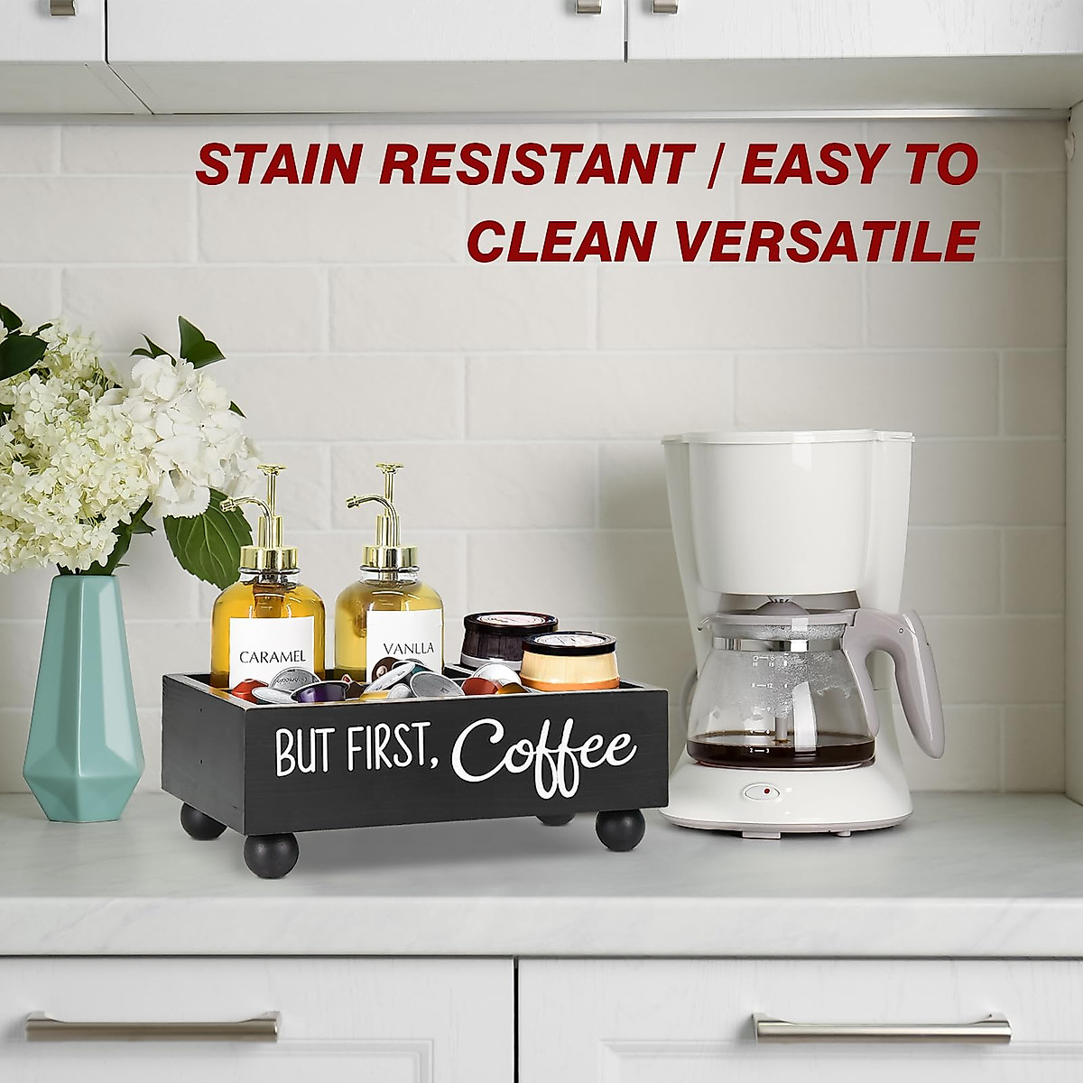 MEMOORIAL Wooden Coffee Station Organizer with 4 Round Legs, Coffee Bar Accessories Organizer for Countertop, Coffee Pods Holder Basket, Coffee Tea Bag Cup Lid Storage Box for Coffee Lover, Black…