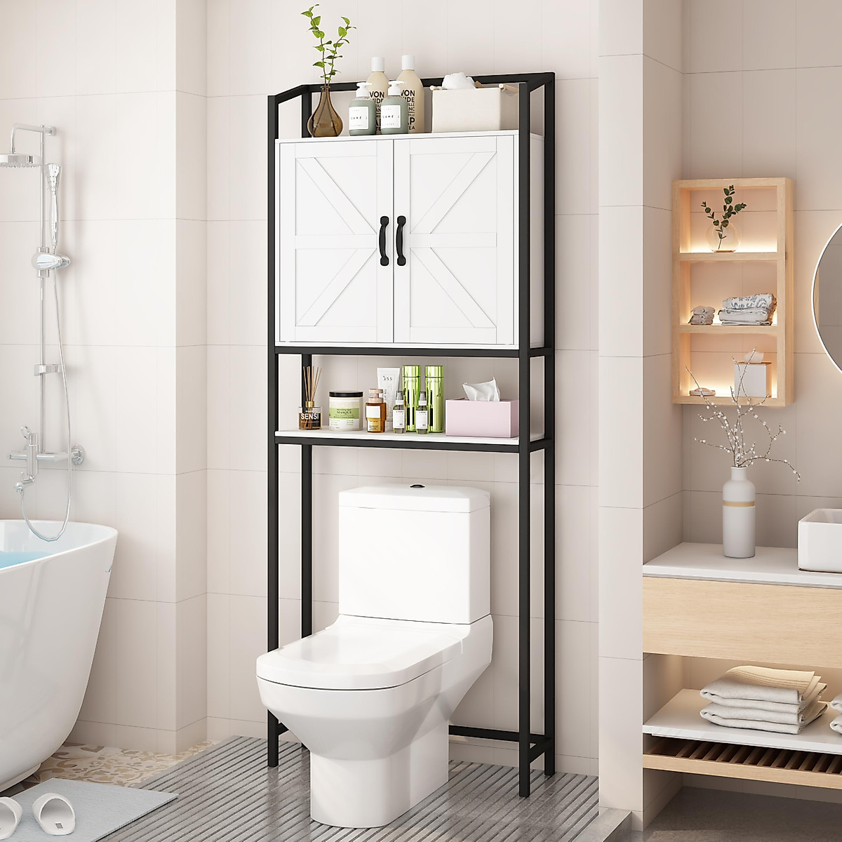 HAUXITIO Over The Toilet Storage Cabinet - Home Space Saving Toilet Rack, Farmhouse Above Toilet Shelf Organizer with Barn Doors for Bathroom, Laundry, Balcony