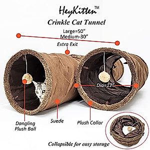 HeyKitten Collapsible 12" x 50" Crinkle Cat Play Tunnel, Hide-and-Seek Pet Toys for Indoor Kittens, Puppies & Bunnies, Large, Brown